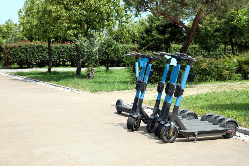 Many Modern Electric Scooters in Park, Space for Text. Rental Service ...