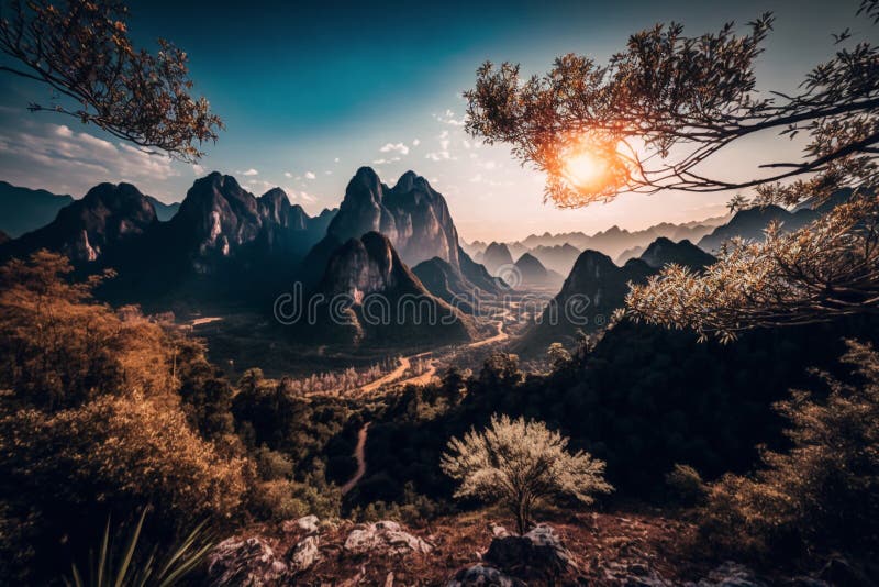 Many Mountain Views Surrounded by a Variety of Trees Stock Photo ...