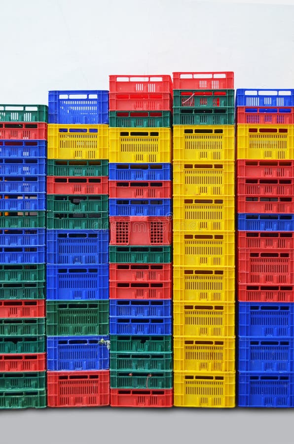 Many Multi Colored Fruit Boxes Stock Photo - Image of piled, containers ...