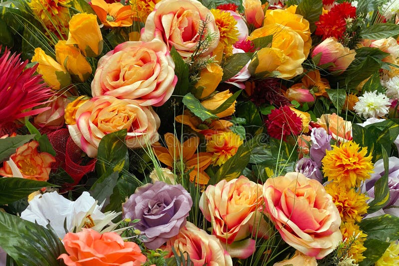 Many Multicolored Artificial Flowers on the Counter in the Store Stock ...