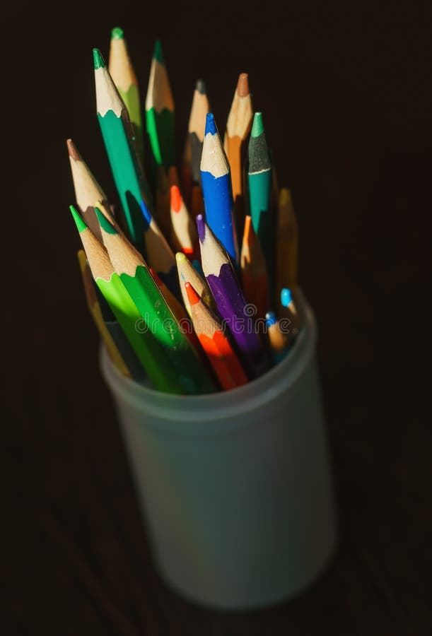 Many Multicolored Pencils in a Box Stock Photo - Image of wooden, stand ...