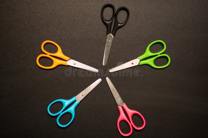 Many Multicolored Scissors Isolated on Black Stock Photo - Image of ...
