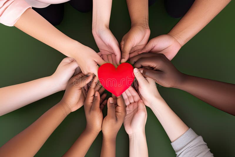 Many Multiracial Hands Holding a Red Heart, Unity, Love, Generative AI ...