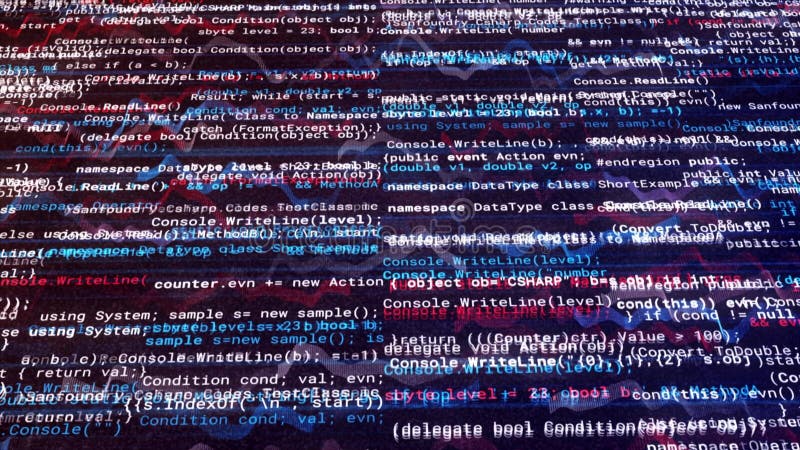 Many Narrow Lines Of Abstract Program Code Are Written Automatically On Black Background