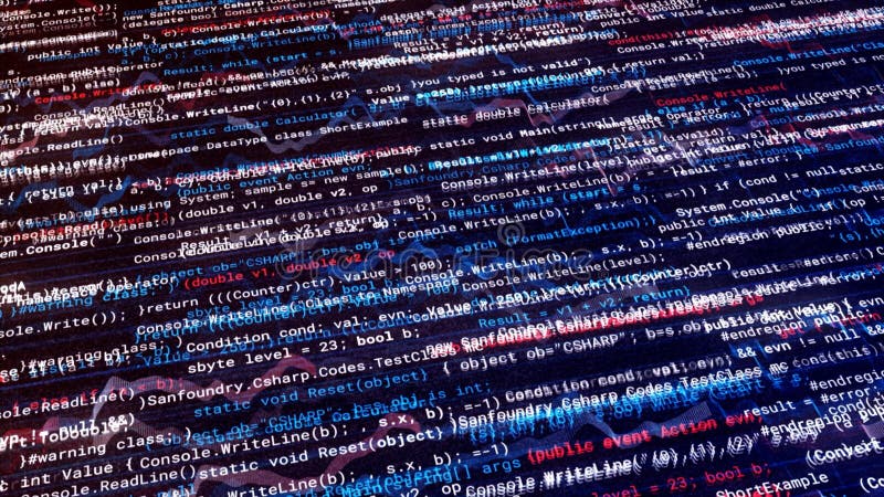 Many Narrow Lines of Abstract Program Code are Written Automatically on Black Background ...