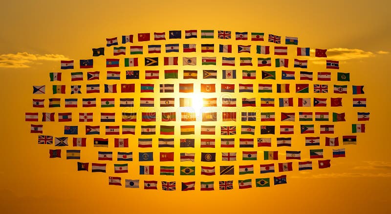 Global Unity: a Sunset Panorama of World Flags Stock Illustration ...