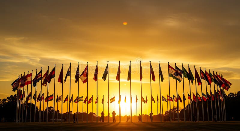 Global Unity at Sunset: a Panorama of International Flags Stock ...