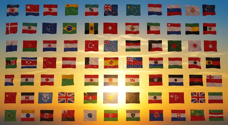 Global Unity: a Sunset Symphony of Flags Stock Illustration ...