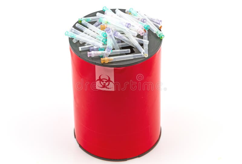 Many Needle in Red Disposal Boxes on White Background Stock Photo ...