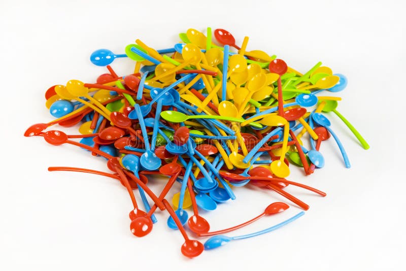 Many New Colored Plastic Spoons Stock Photo - Image of setting, white ...