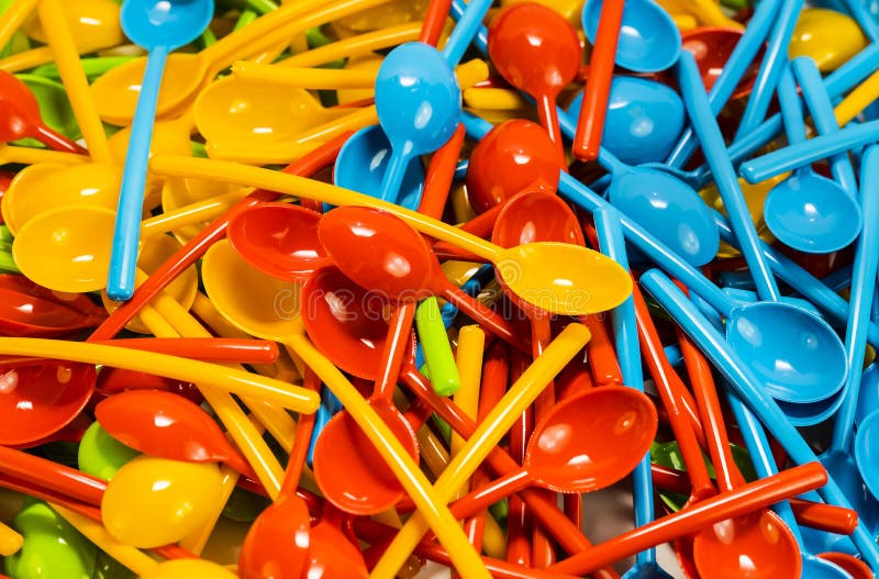 Many New Colored Plastic Spoons Stock Photo - Image of setting, white ...