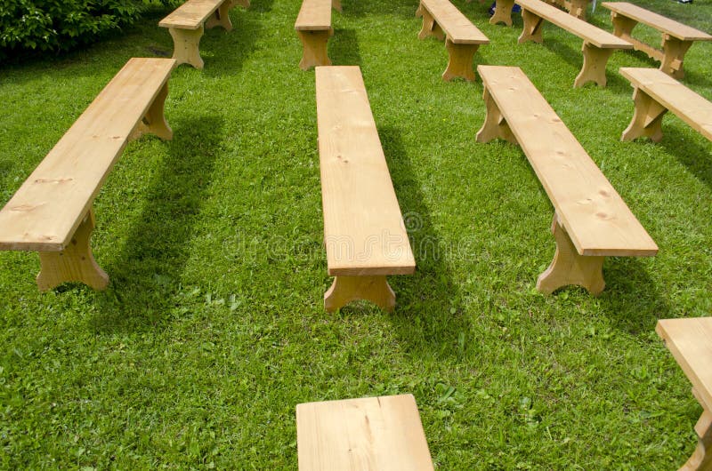 Many New Wooden Seats on Grass Stock Image - Image of garden, place ...