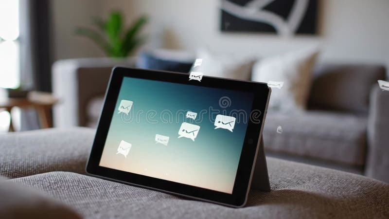 Digital Tablet Resting on Modern Sofa, Surrounded by Floating ...