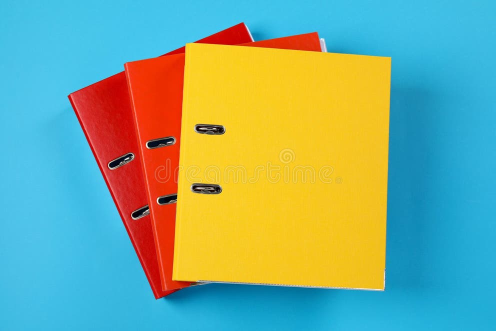 Many Office Folders on Light Blue Background, Flat Lay Stock Photo ...