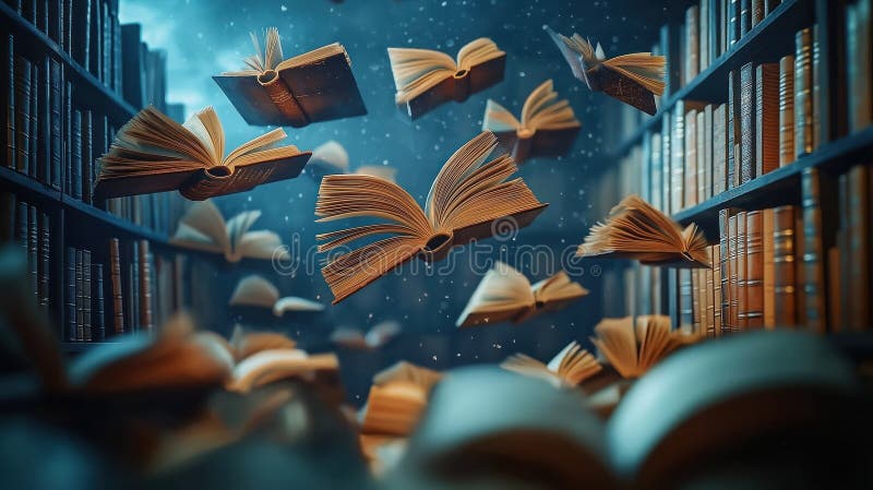 Many Old Books Fly in Air Inside Library. Bookshelves with Various ...