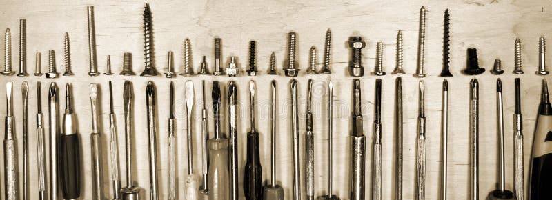 Many Old Fashioned Screwdrivers and Various Screws Stock Photo - Image ...