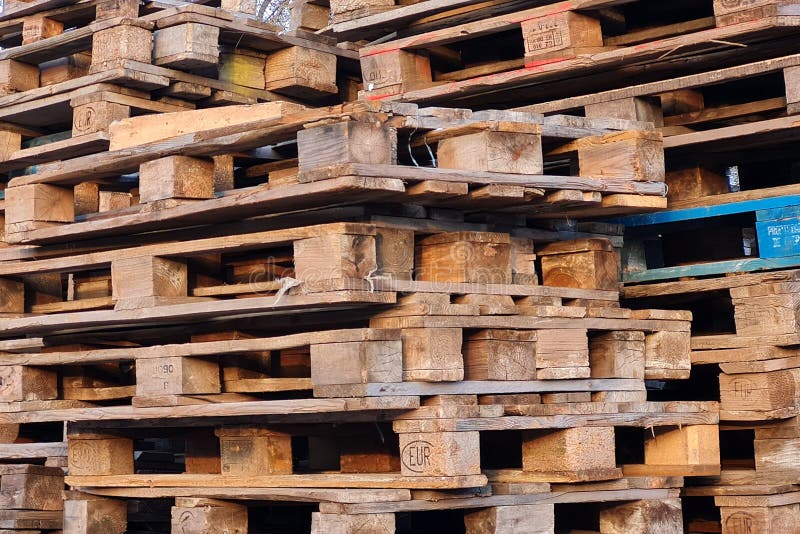 Many Old Used Wooden Pallets is Stack Outdoors in Warehouse of Cargo ...