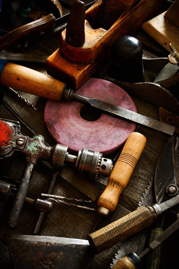 Many Old Working Tools (axe, Drill, Saw and Others Stock Photo - Image ...