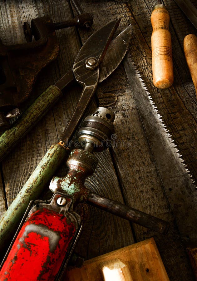 Many Old Working Tools (drill, Saw, Chisel and Stock Photo - Image of ...