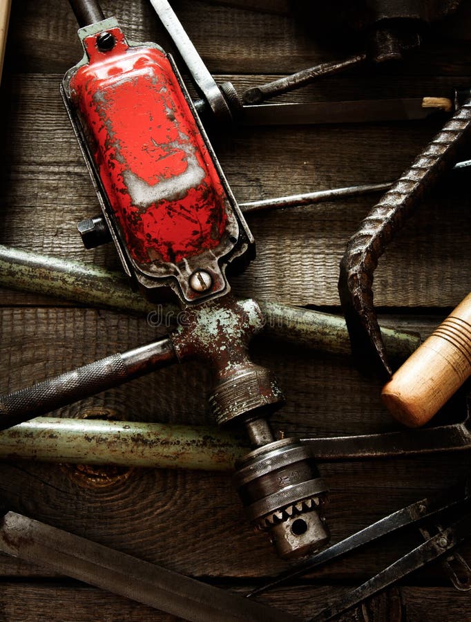 Many Old Working Tools (drill, Saw, Chisel and Stock Image - Image of ...