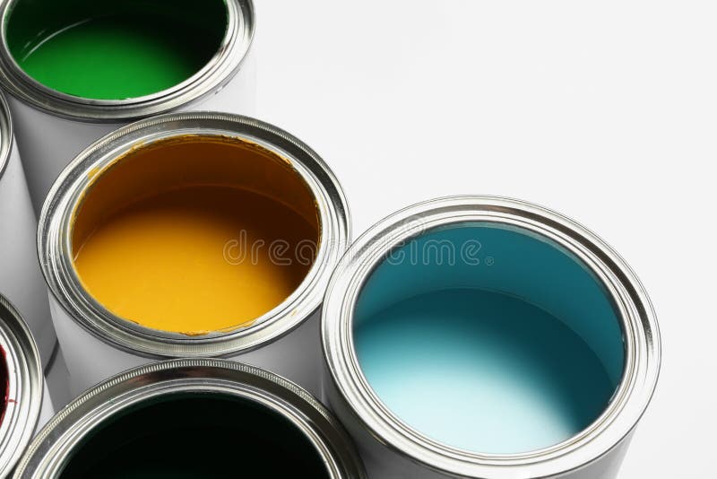 Many Open Paint Cans on White Stock Image - Image of professional ...