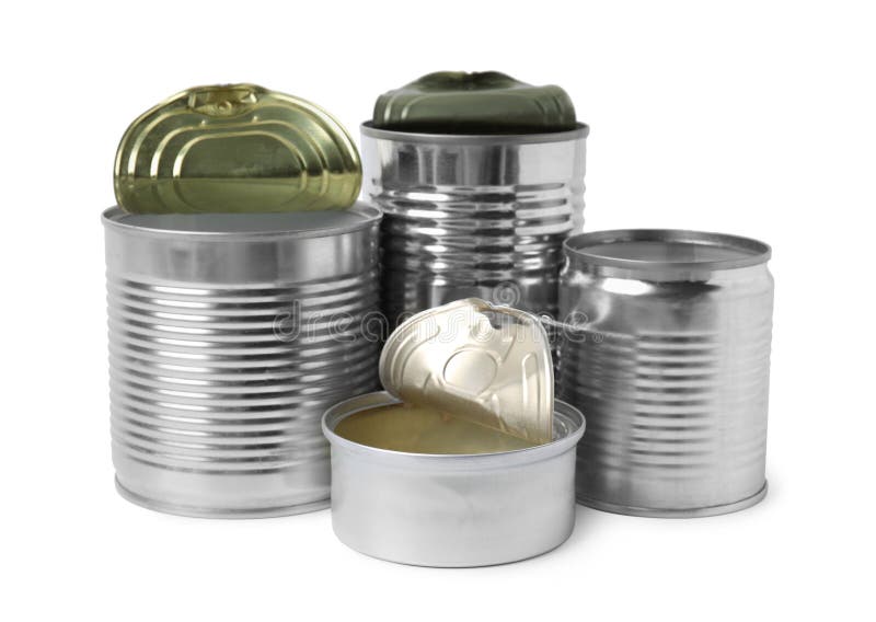 Many Open Tin Cans Isolated on White Stock Image - Image of package ...