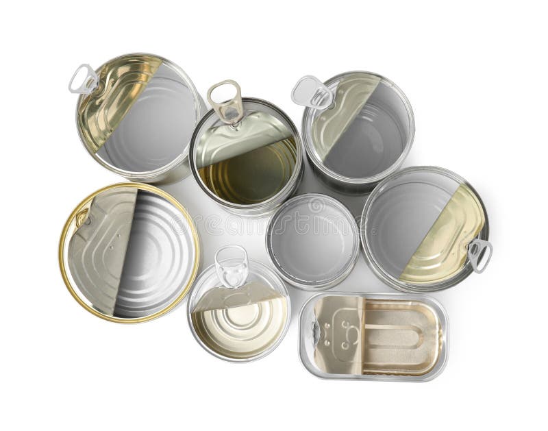 Many Open Tin Cans Isolated on White, Top View Stock Photo - Image of ...