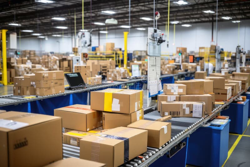 Many Packages on an Assembly Line in a Logistics Handling Facility ...