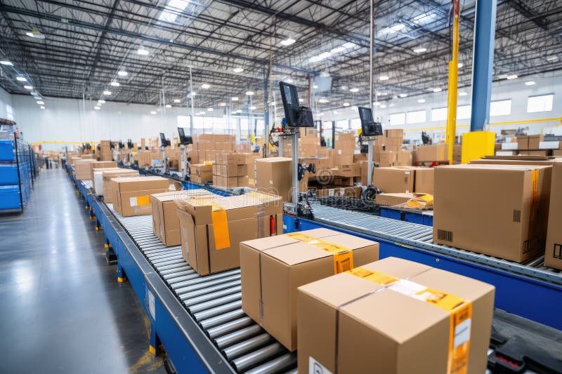 Many Packages on an Assembly Line in a Logistics Handling Facility ...