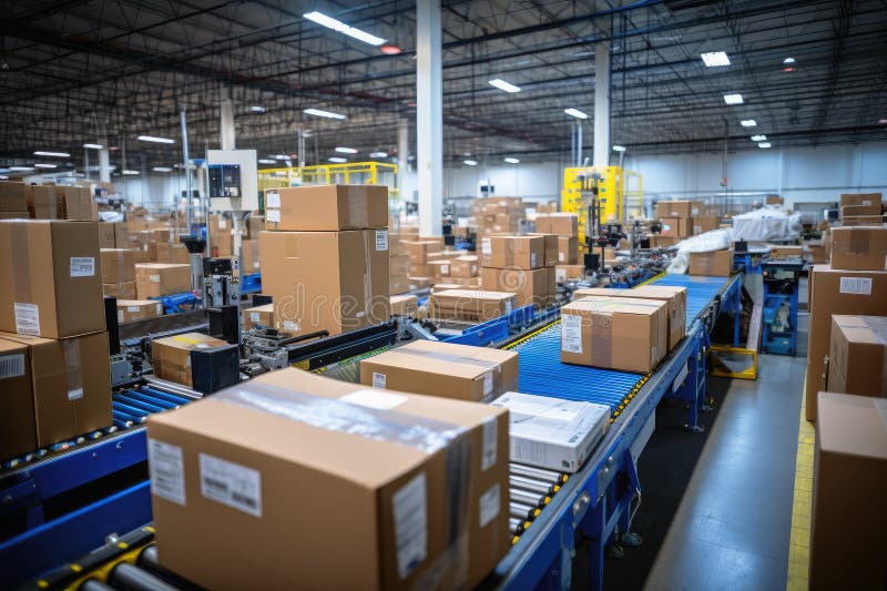 Many Packages on an Assembly Line in a Logistics Handling Facility ...