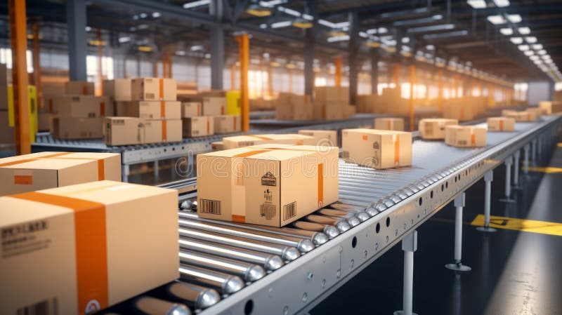 Many Packages are Transported on a Conveyor Belt for Delivery. Stock ...