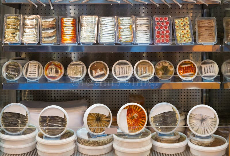 Many Packed Cool Fish Provision on Shop Shelf Stock Image - Image of ...