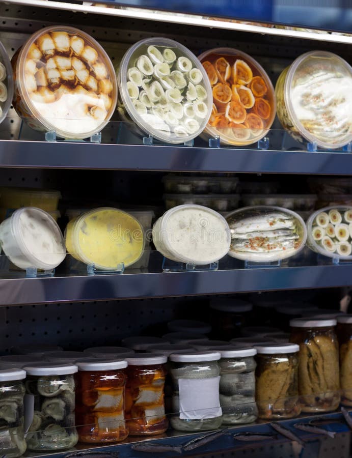 Many Packed Fish Products on Shop Shelf Stock Photo - Image of product ...