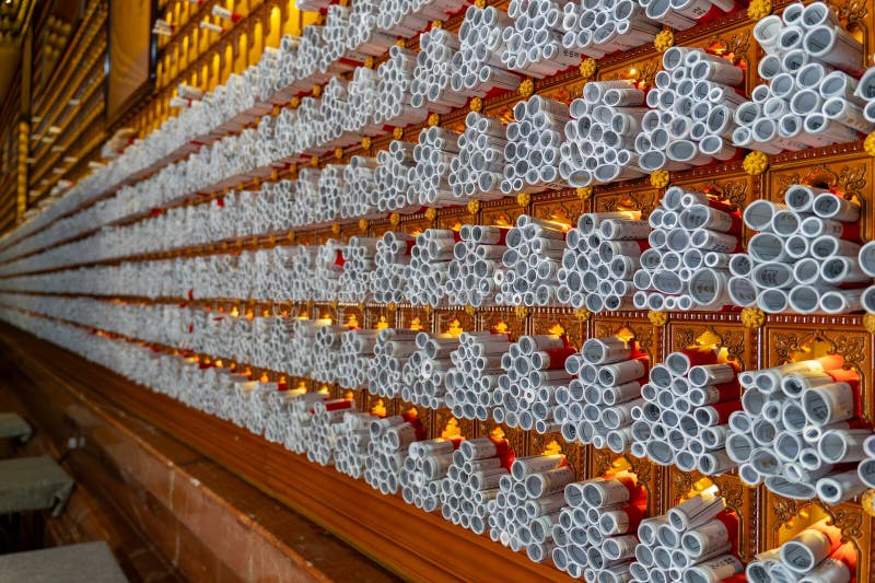 Many Paper Scrolls Inside the Buddhist Temple. Stock Photo - Image of ...
