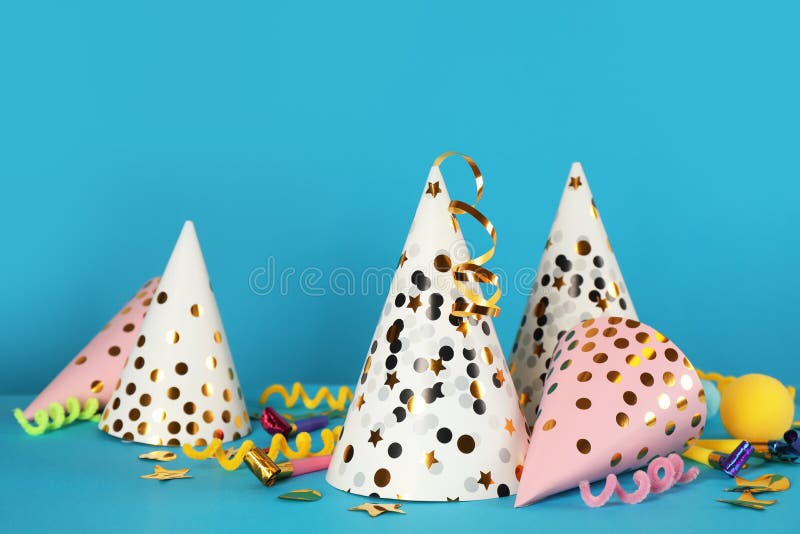 Many Party Hats and Festive Items on Light Blue Background Stock Image ...