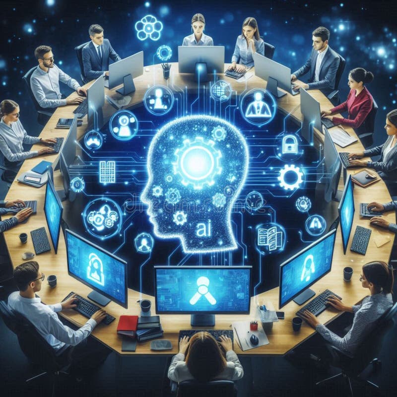 Many People Work on Computers with AI Icons. Harnessing the Power of AI ...