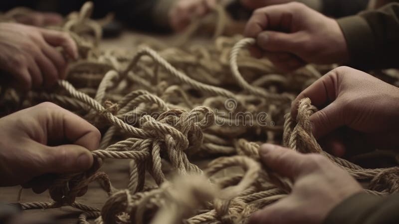 Many Peoples Hands Working Together To Untangle a Knotted Rope ...