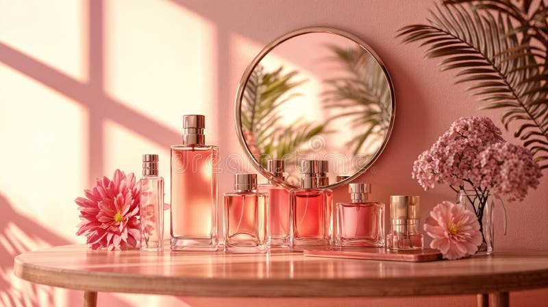 Many Perfume Bottles are on the Table in Front of a Mirror Stock Image ...