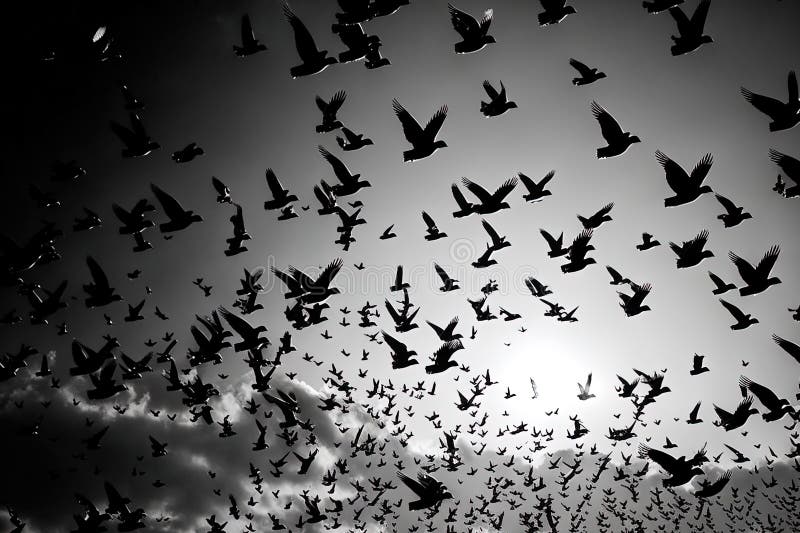Many Pigeons Birds Flying in the Sky. Black and White Stock ...