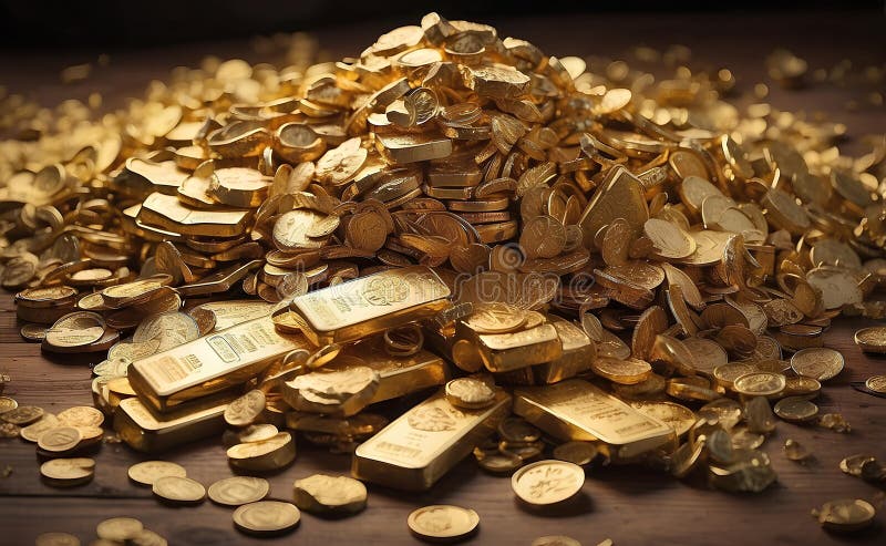 A Many Pile of Gold Bars and Gold Coins Stock Illustration ...
