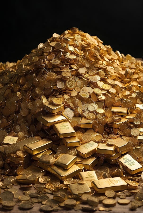 A Many Pile of Gold Bars and Gold Coins Stock Illustration ...
