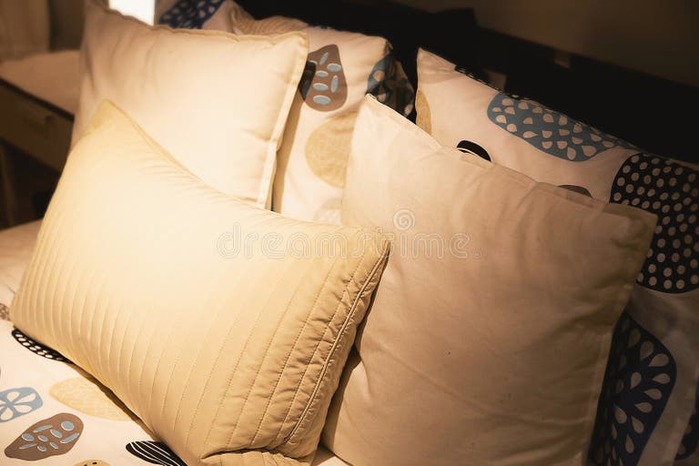 Many pillows on the bed stock image. Image of morning - 85103393