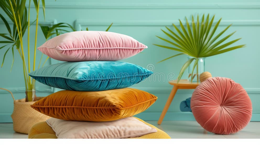 Many Pillows Stacked on Top of Each Other. Pillows on the Floor Stock ...