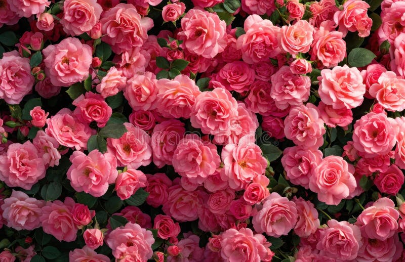 Many Pink Roses Forming a Wall of Roses Stock Photo - Image of setting ...