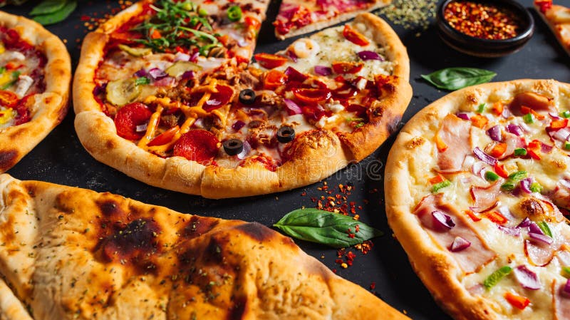 Many Pizzas with Different Toppings Sitting on a Table Stock Image ...