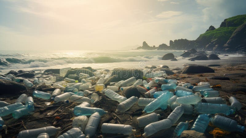 Many Plastic Bottles on the Ocean Shore. Stock Image - Image of ...