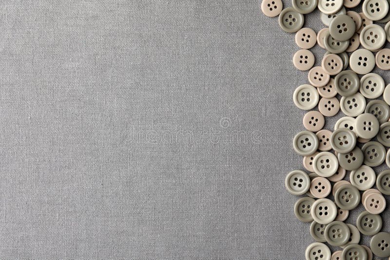 Many Plastic Sewing Buttons on Fabric, Flat Lay. Space for Text Stock ...