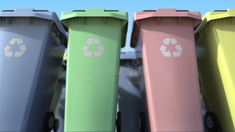 Many Plastic Trash Cans with for Sorting Domestic Garbage. Loopable Motion Background Stock ...