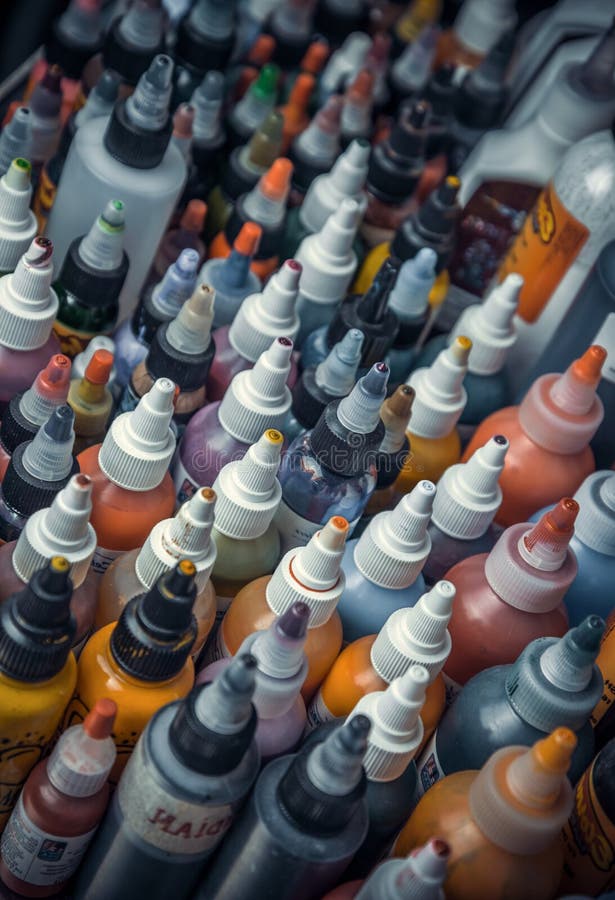 Many Professional Bottles with Colored Inks for Tattoo Stock Photo ...