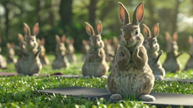 A Many Rabbits Doing Yoga, Stretching in a Peaceful Meadow, with a ...